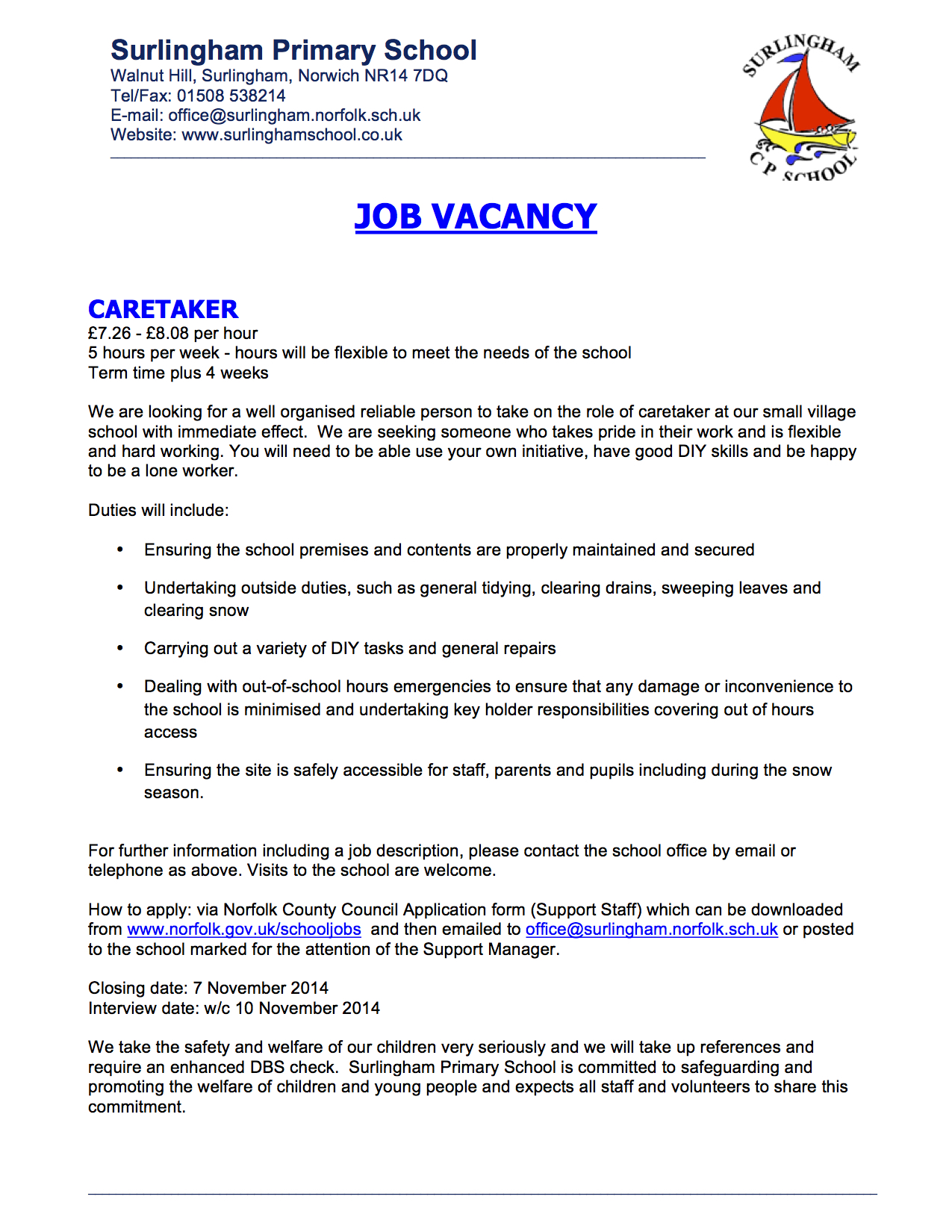 Caretaker and MSA vacancy at Surlingham School | Surlingham
