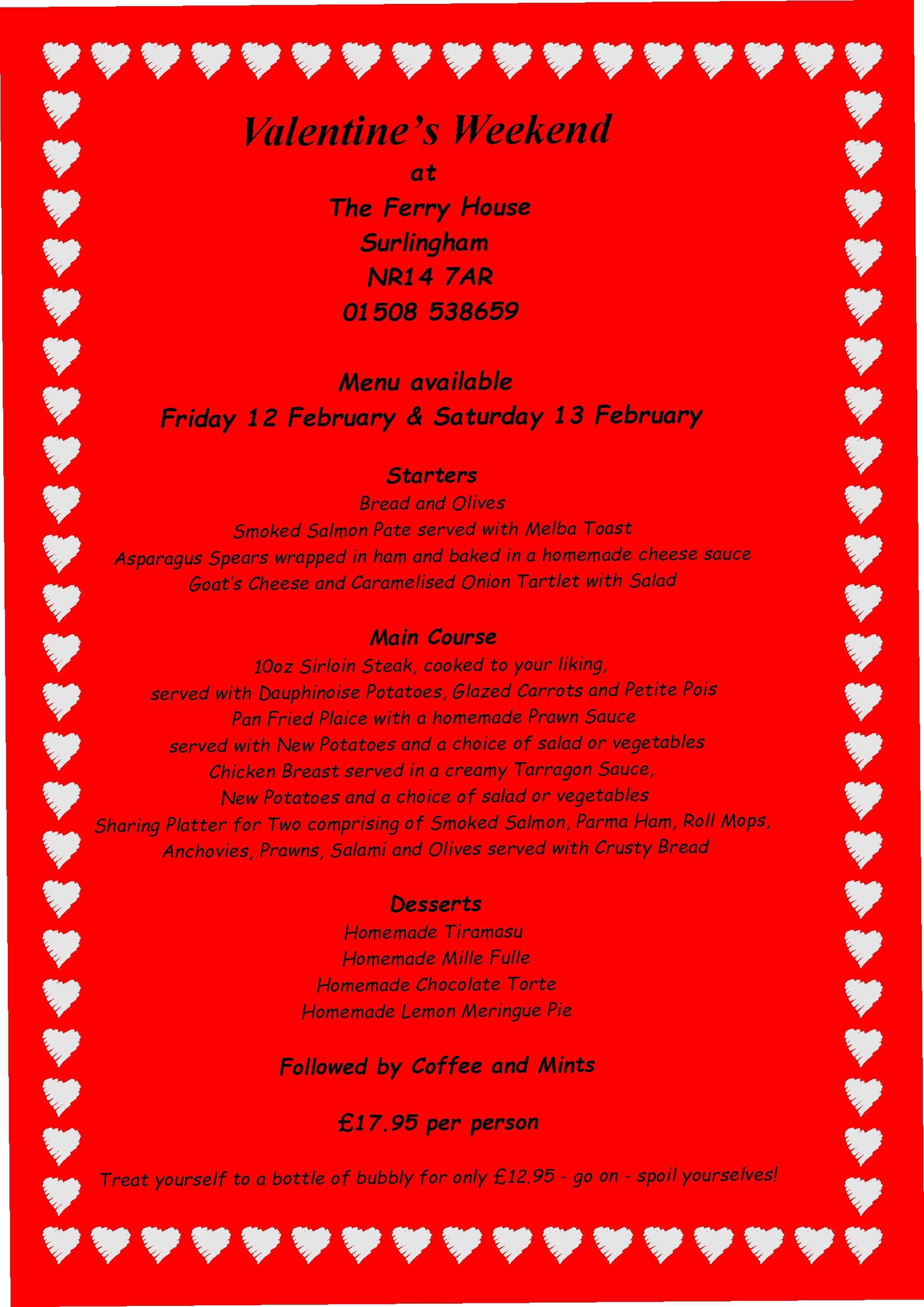 Valentine’s Menu – The Ferry House | Surlingham