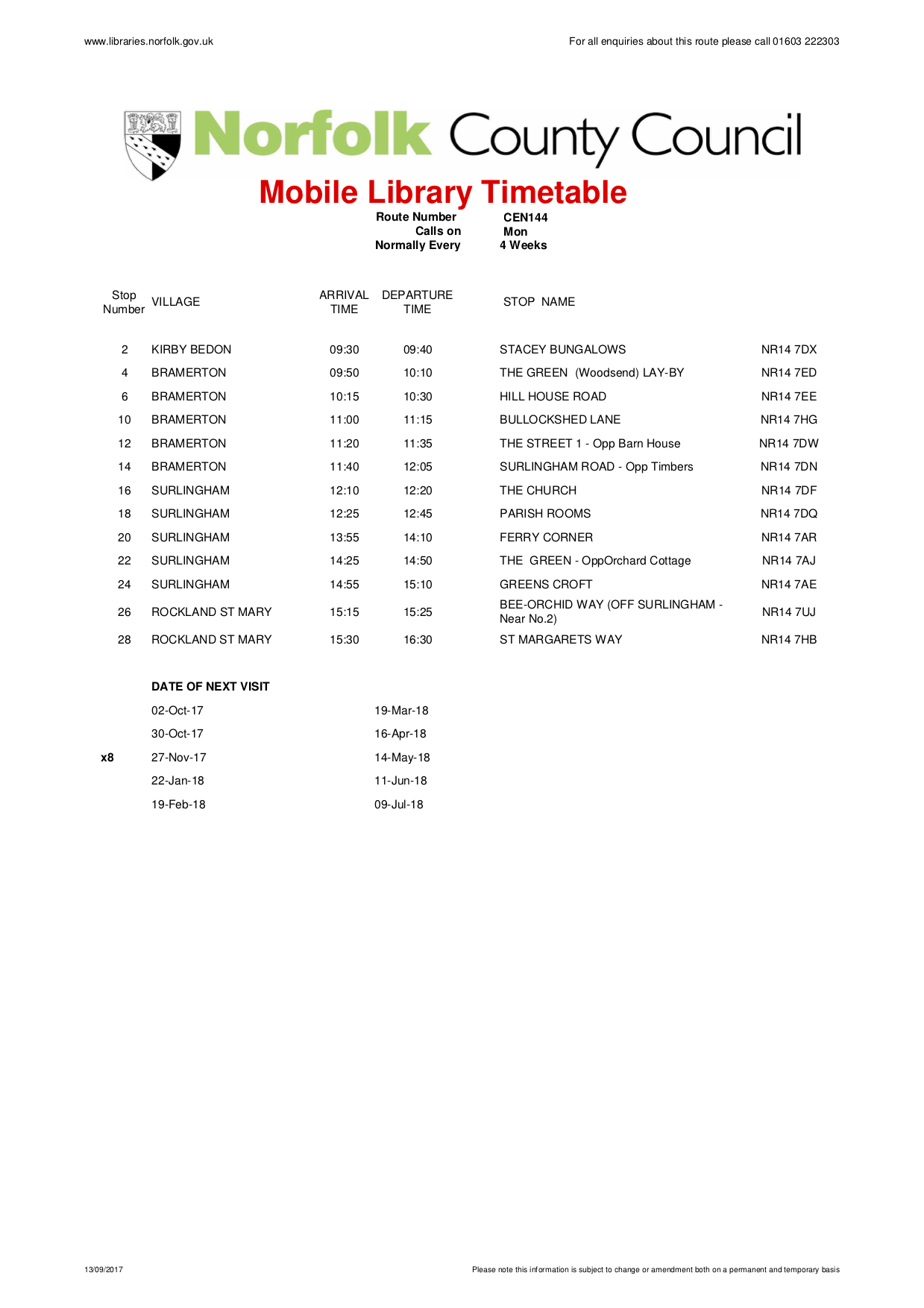 Mobile Library timetable until July 2018 | Surlingham