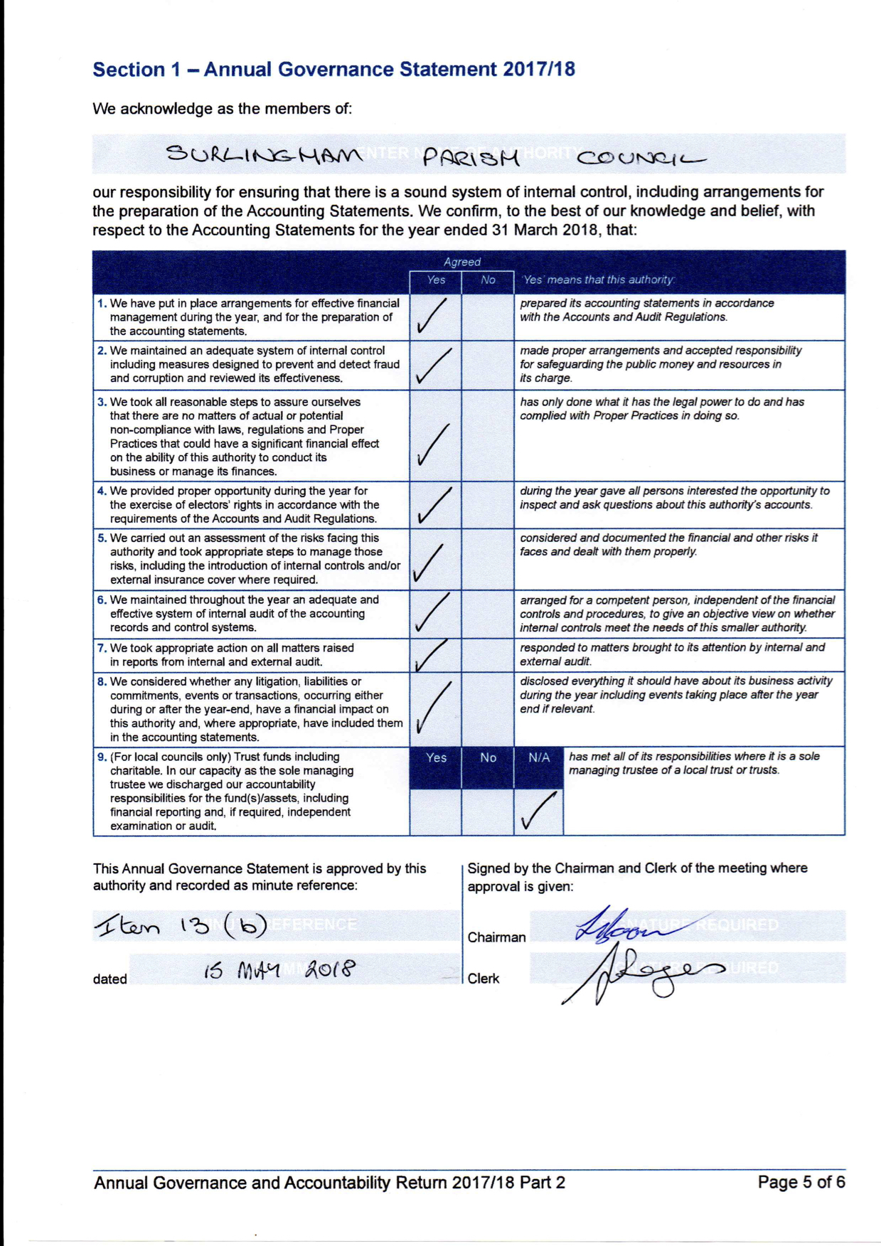Annual governance statement 2018 | Surlingham