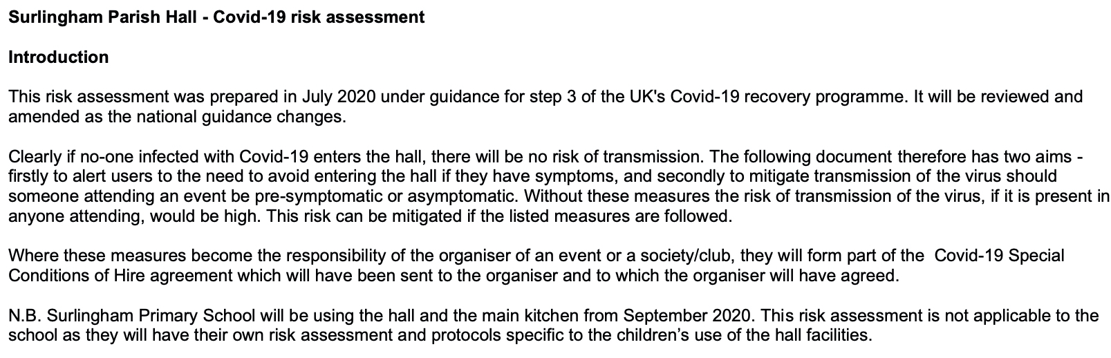 Parish Hall Risk Assessment | Surlingham
