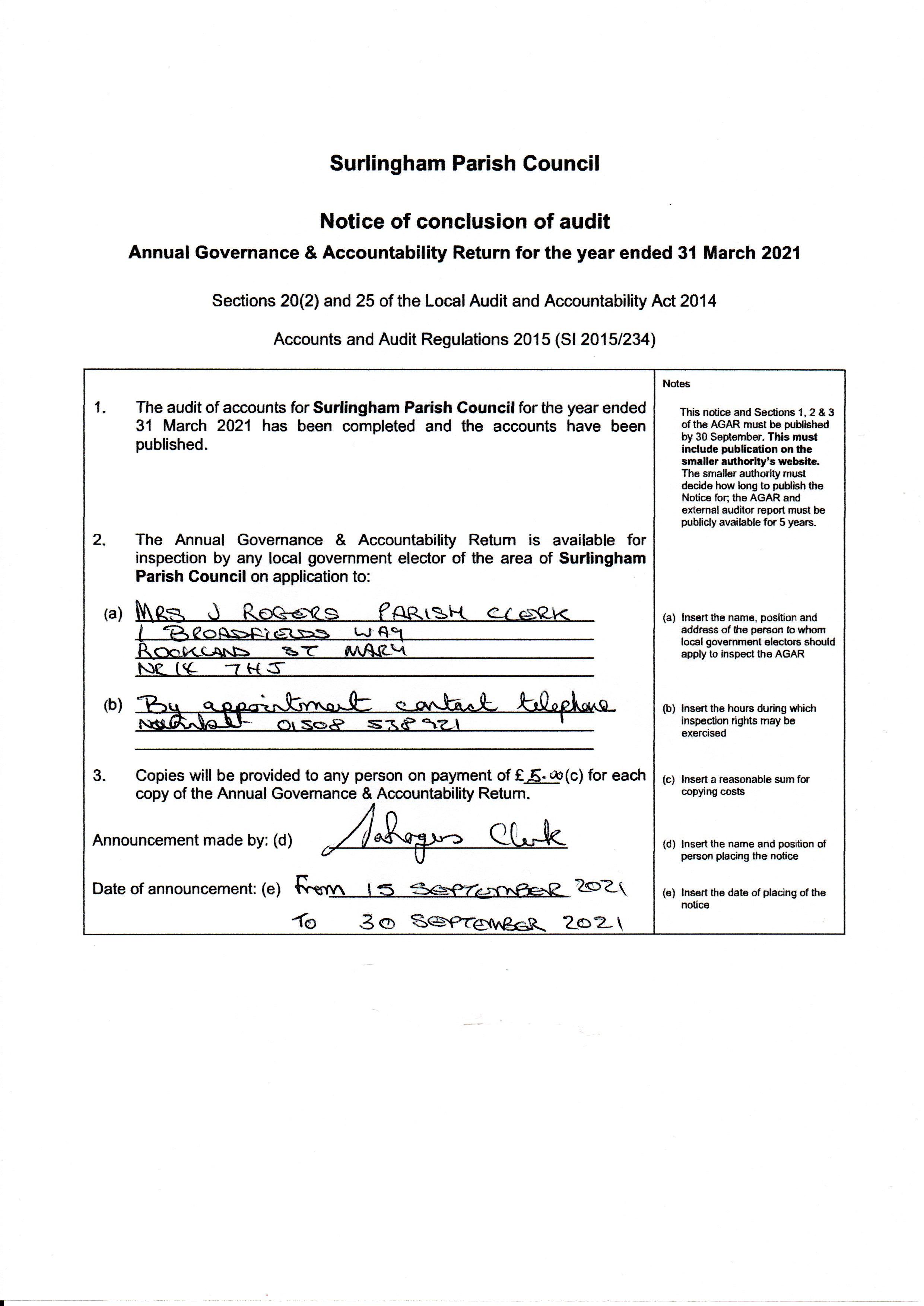 Parish Council – External Auditors Conclusion 2020/21 | Surlingham
