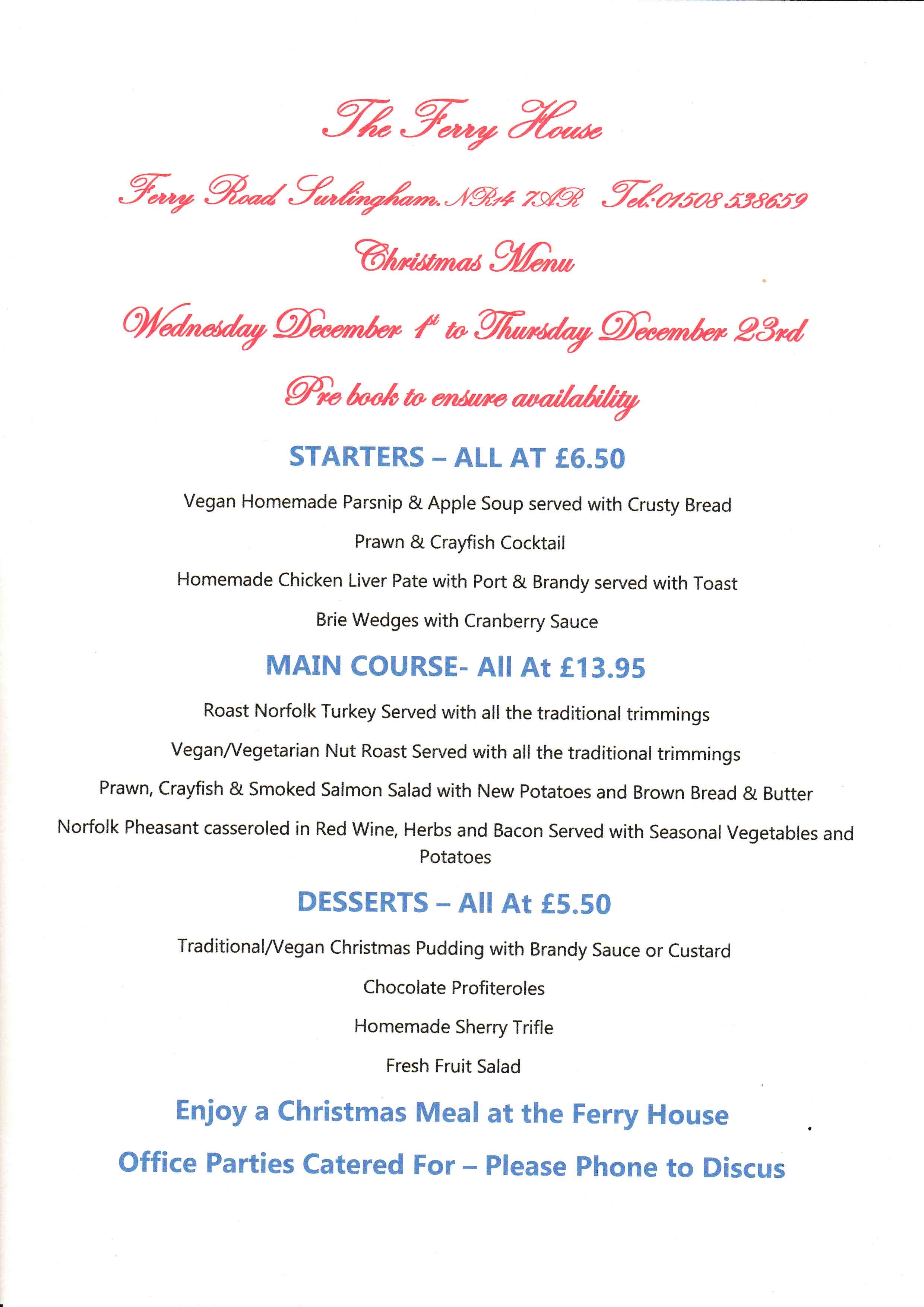 Christmas Menu at the Ferry | Surlingham