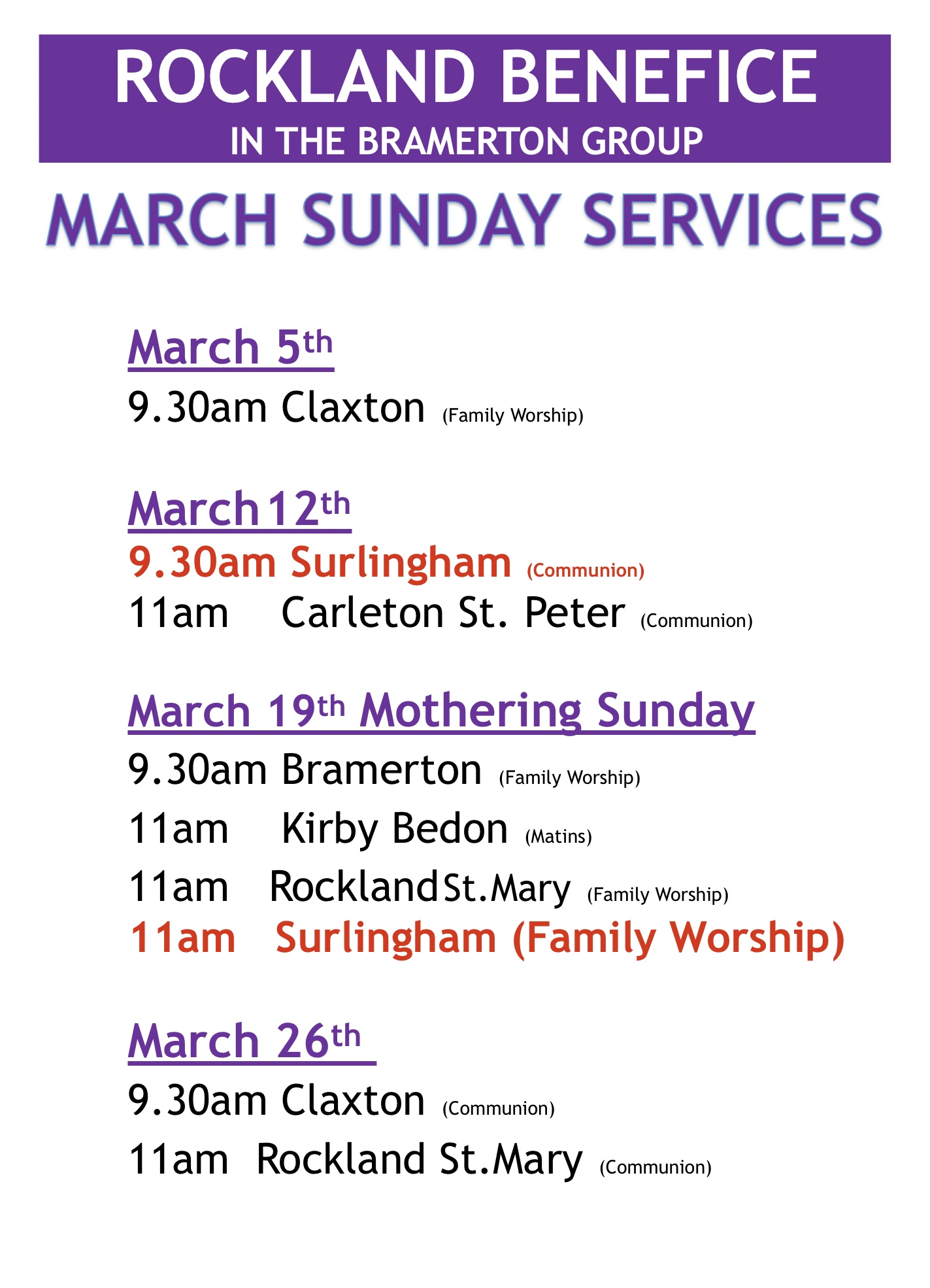 Church services in March | Surlingham
