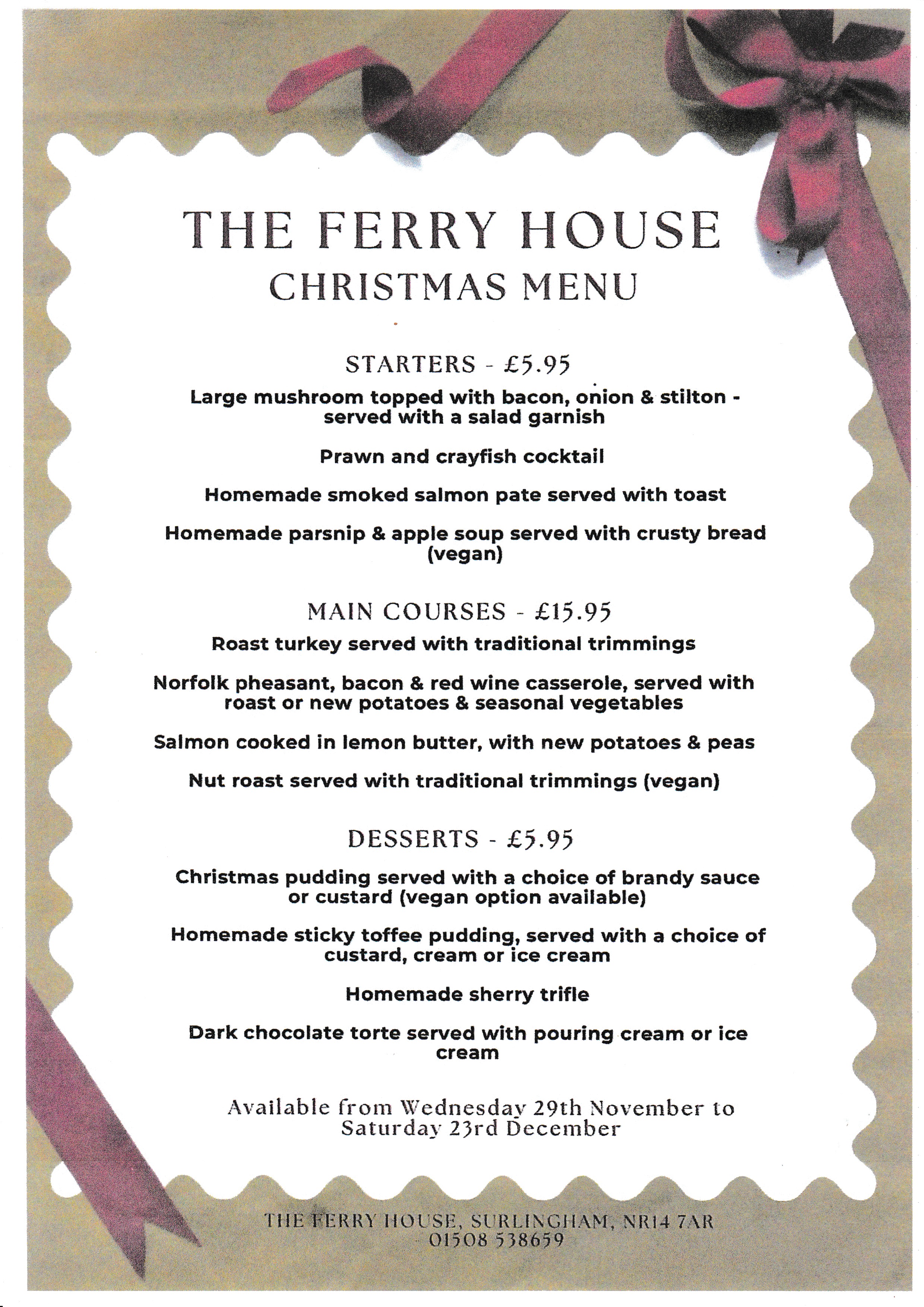 The Ferry House Christmas Menu | Surlingham